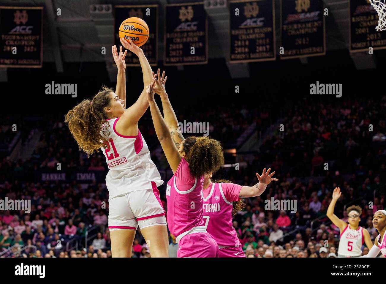 Notre Dame forward Maddy Westbeld (21) shoots as California guard Jayda ...