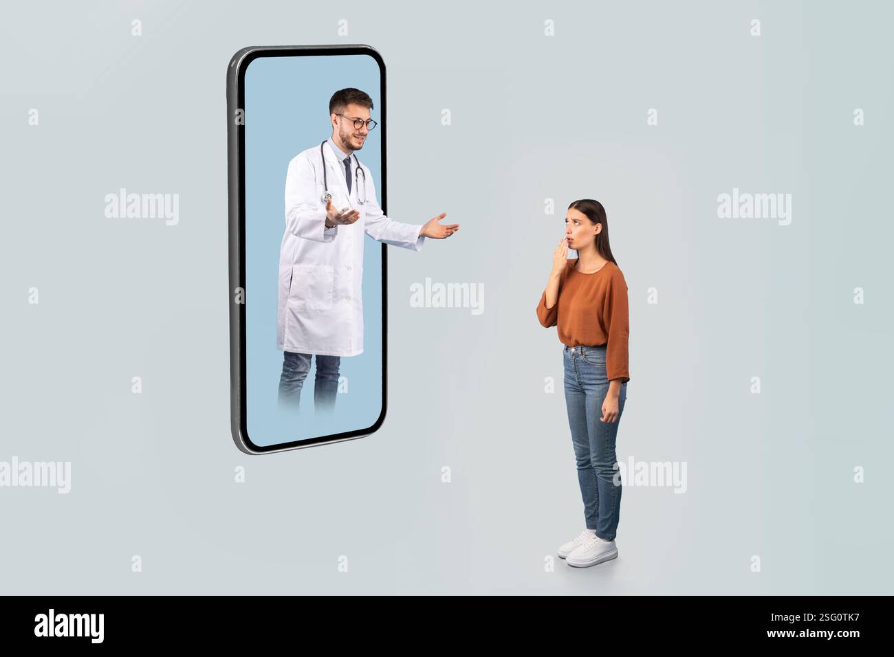 Male Doctor Consulting Sick Patient From Phone Screen, Blue Background ...