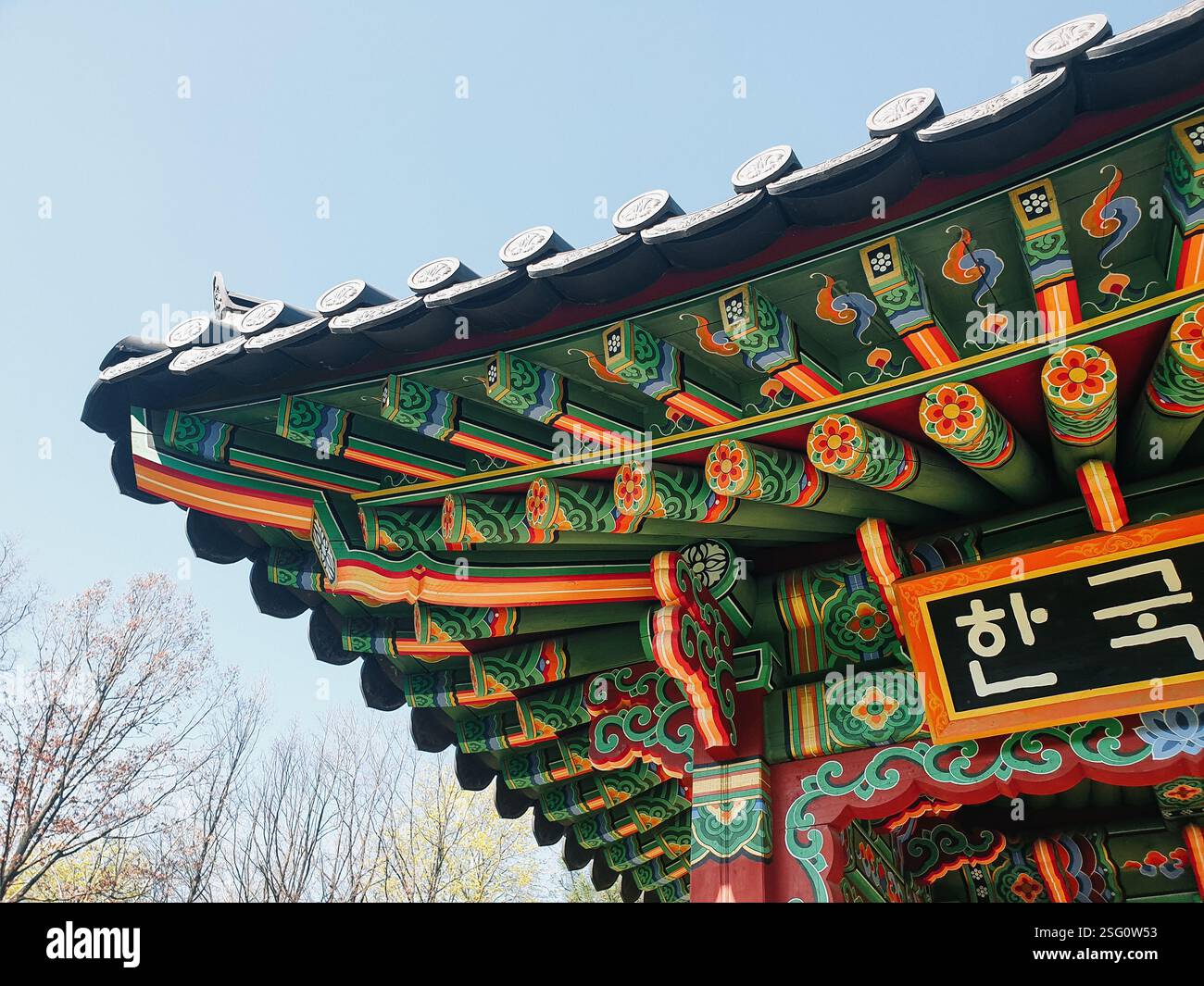 Close-up view of a roof of korean pavilion in Hryshko National ...