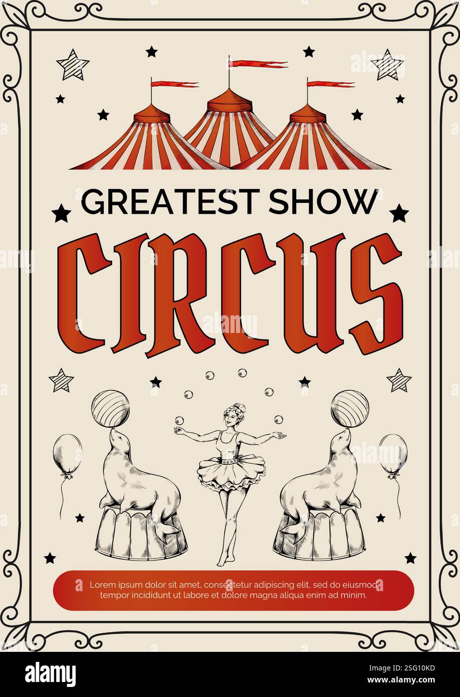 Vintage circus invitational banner. Poster retro design. Sketch style ...
