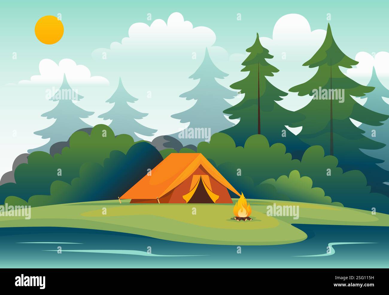 Camping in forest. woodland landscape with tent and bonfire, forest and lake or river ...