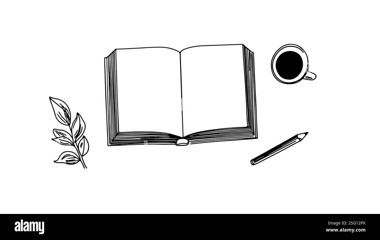 Open book coffee pencil leaves. Sketch simple line art. Perfect ...