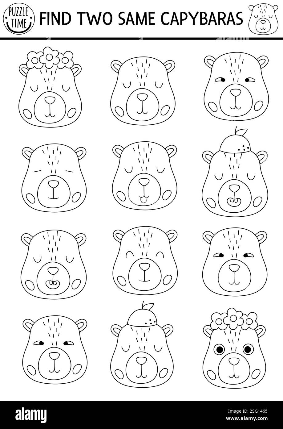 Find two same capybara faces. Black and white matching activity for ...