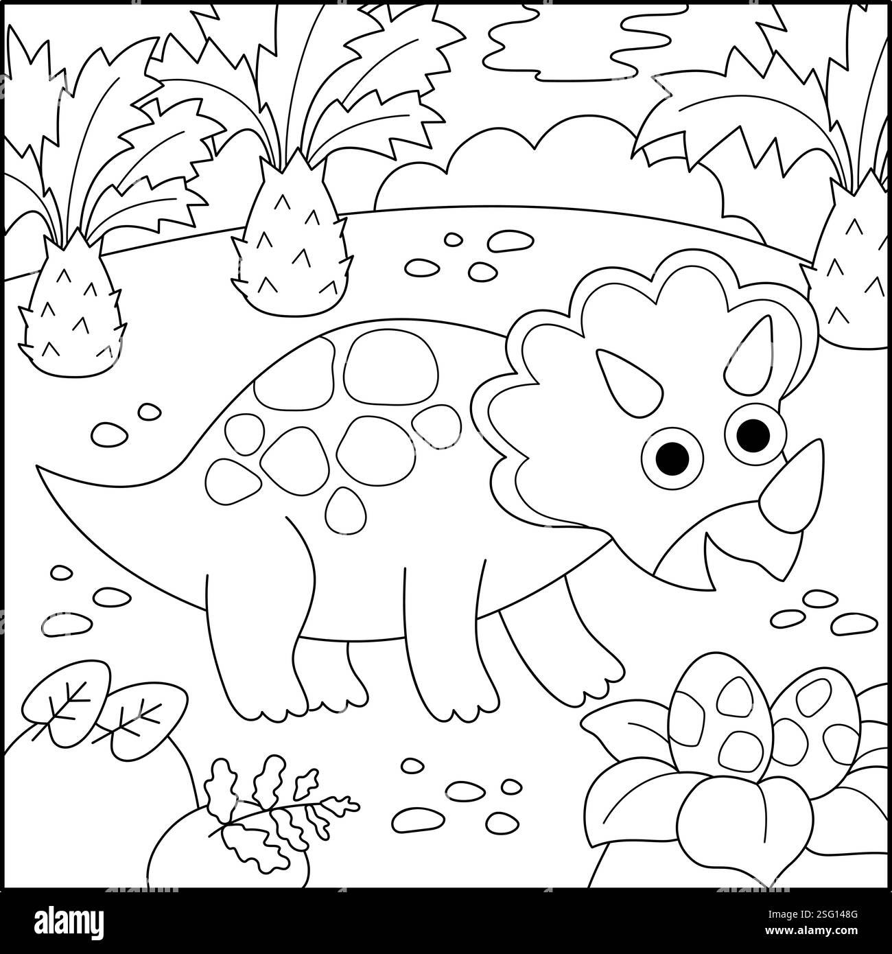 Vector square black and white scene with triceratops. Dinosaur line ...