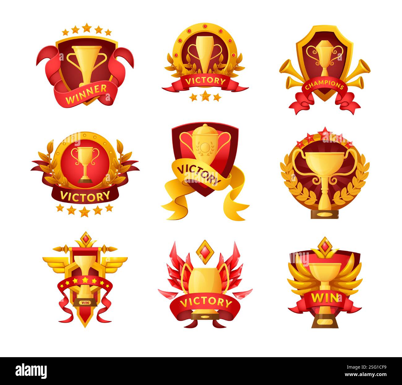 Victory prize emblem. Golden goblets on red shield and ribbons. Sport ...