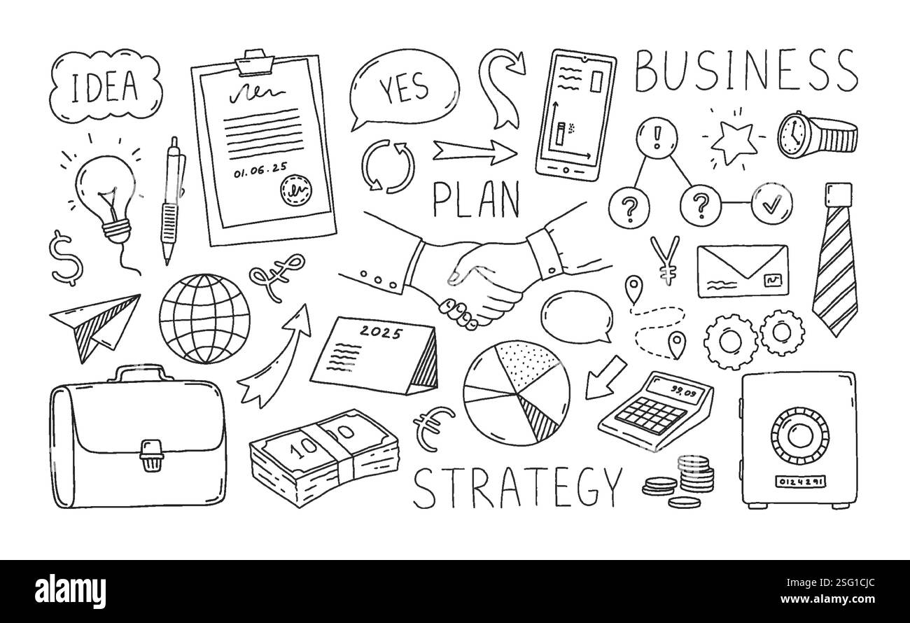 Dodole business icons. Money sketch drawing. Project strategy. Partners ...
