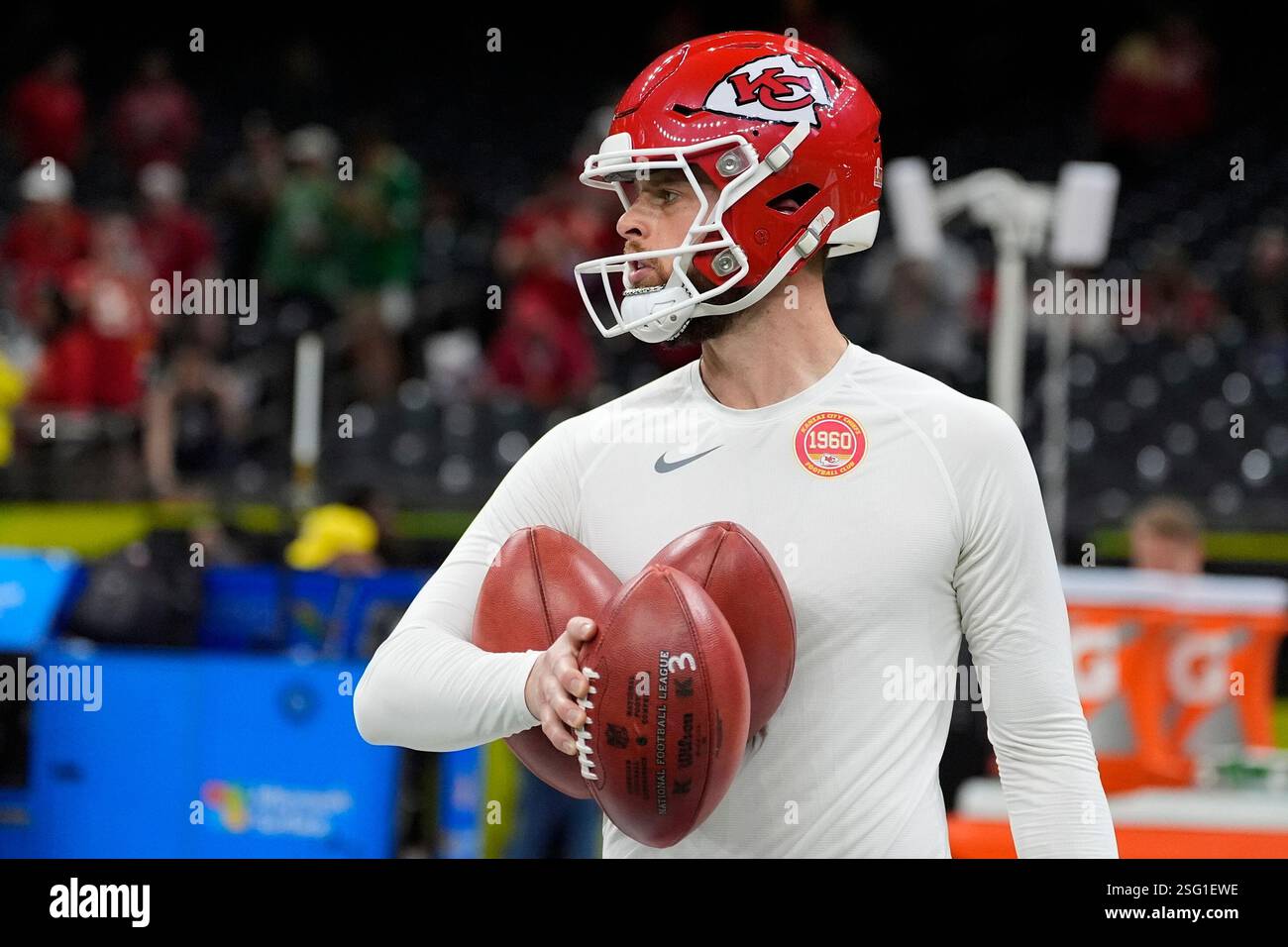 Kansas City Chiefs kicker Harrison Butker warns up prior to the NFL ...