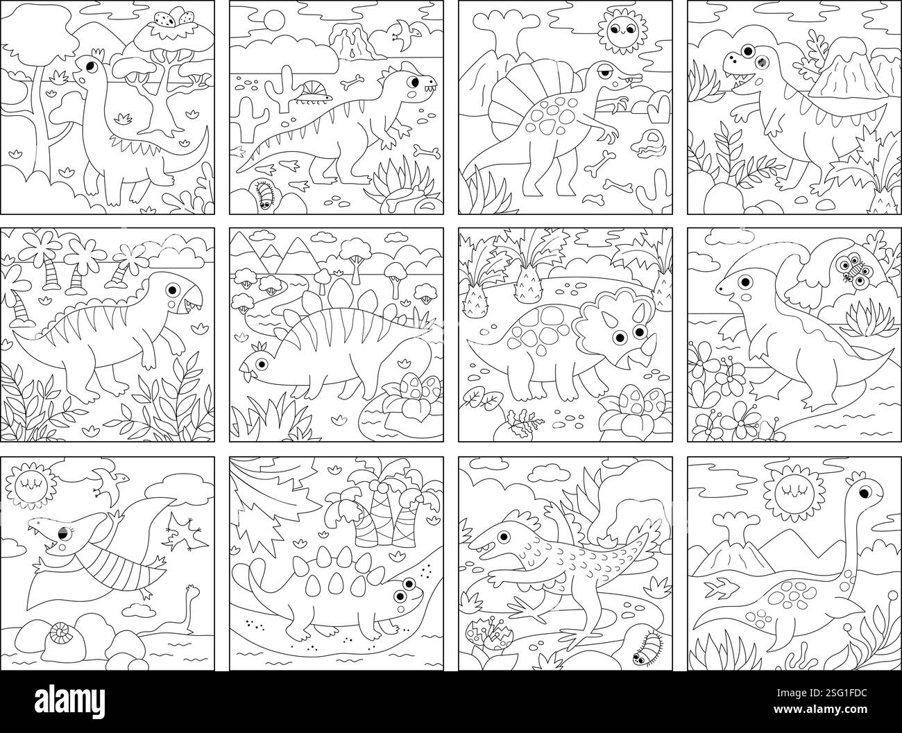 Vector black and white dinosaur square scenes collection. Dino ...