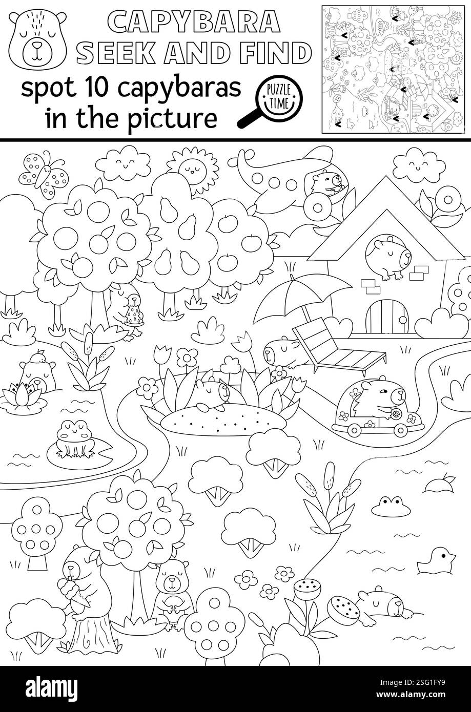 Vector black and white capybara searching game with summer landscape ...