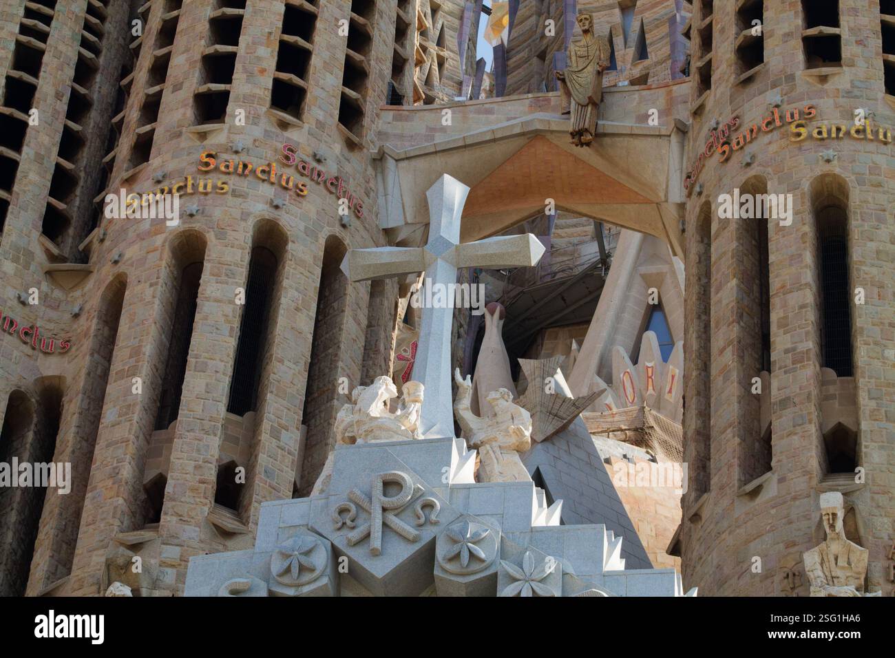 A close-up view of the intricate architectural details of the Sagrada Familia in Barcelona ...