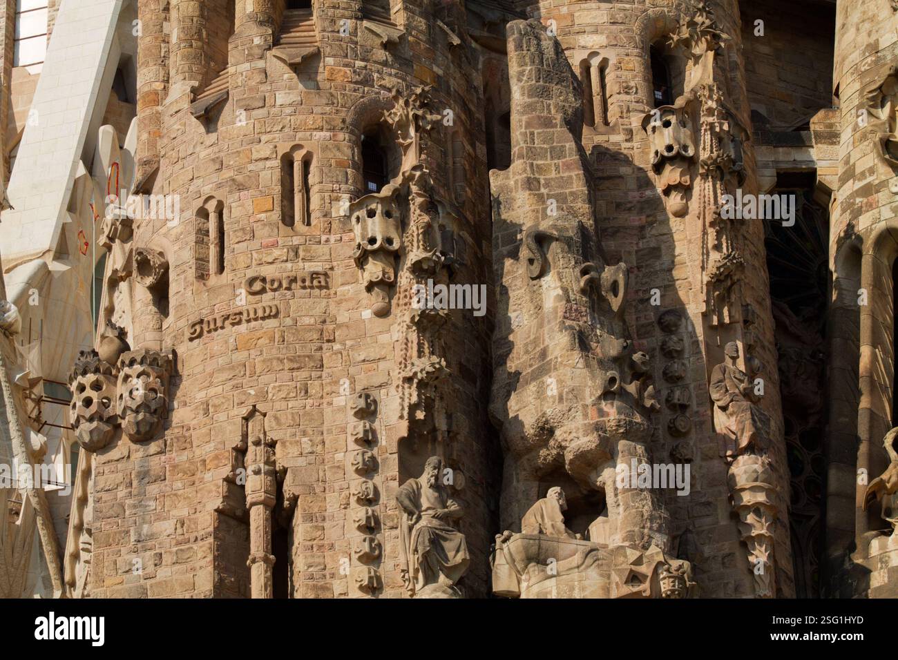 Close-up view of intricate stone carvings on a historic building ...