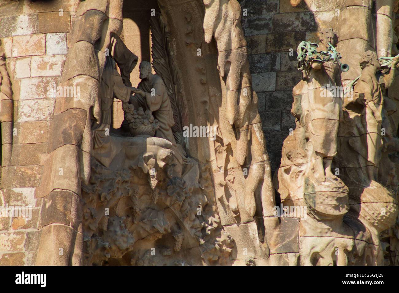 Close-up of intricate stone carvings on a cathedral facade, depicting ...
