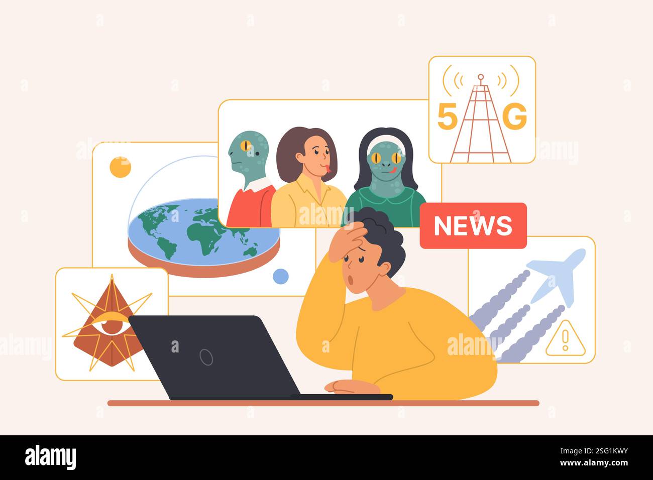 Conspiracy theory spreading online, paranoia. Tiny man with panic ...