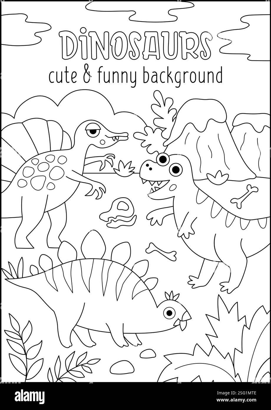 Vector black and white vertical scene with dinosaurs. Ancient period ...