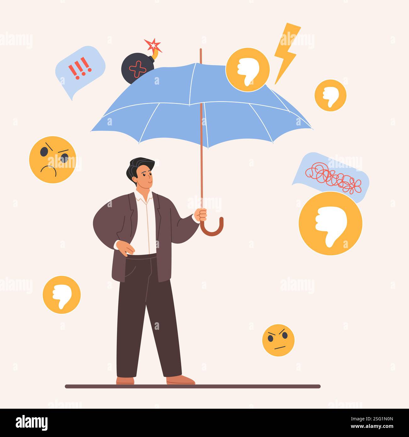 Bad feedback pressure, protection in conflict. Tiny man holding ...