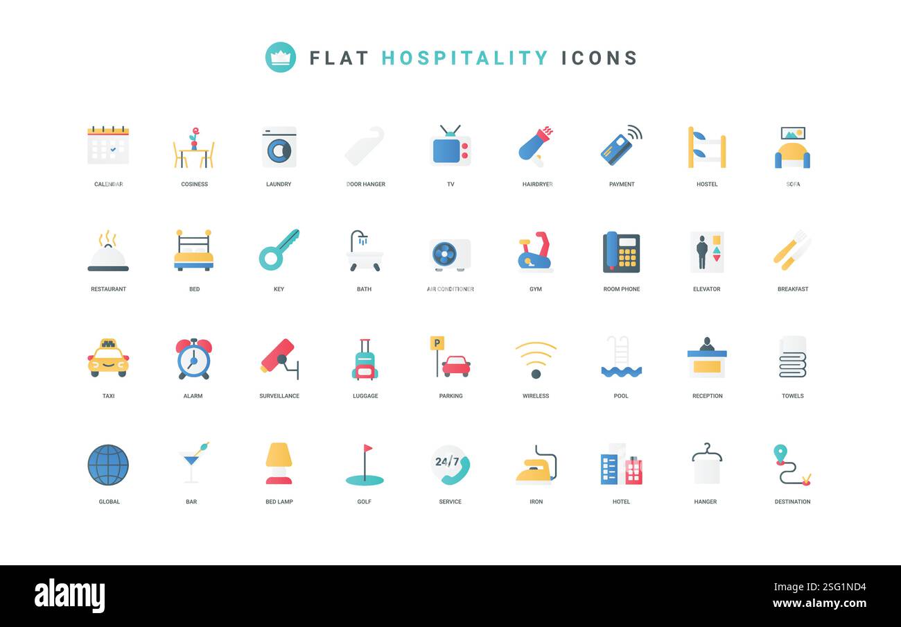Hotel hospitality and accommodation of tourist, reception services, cleaning color icon set ...