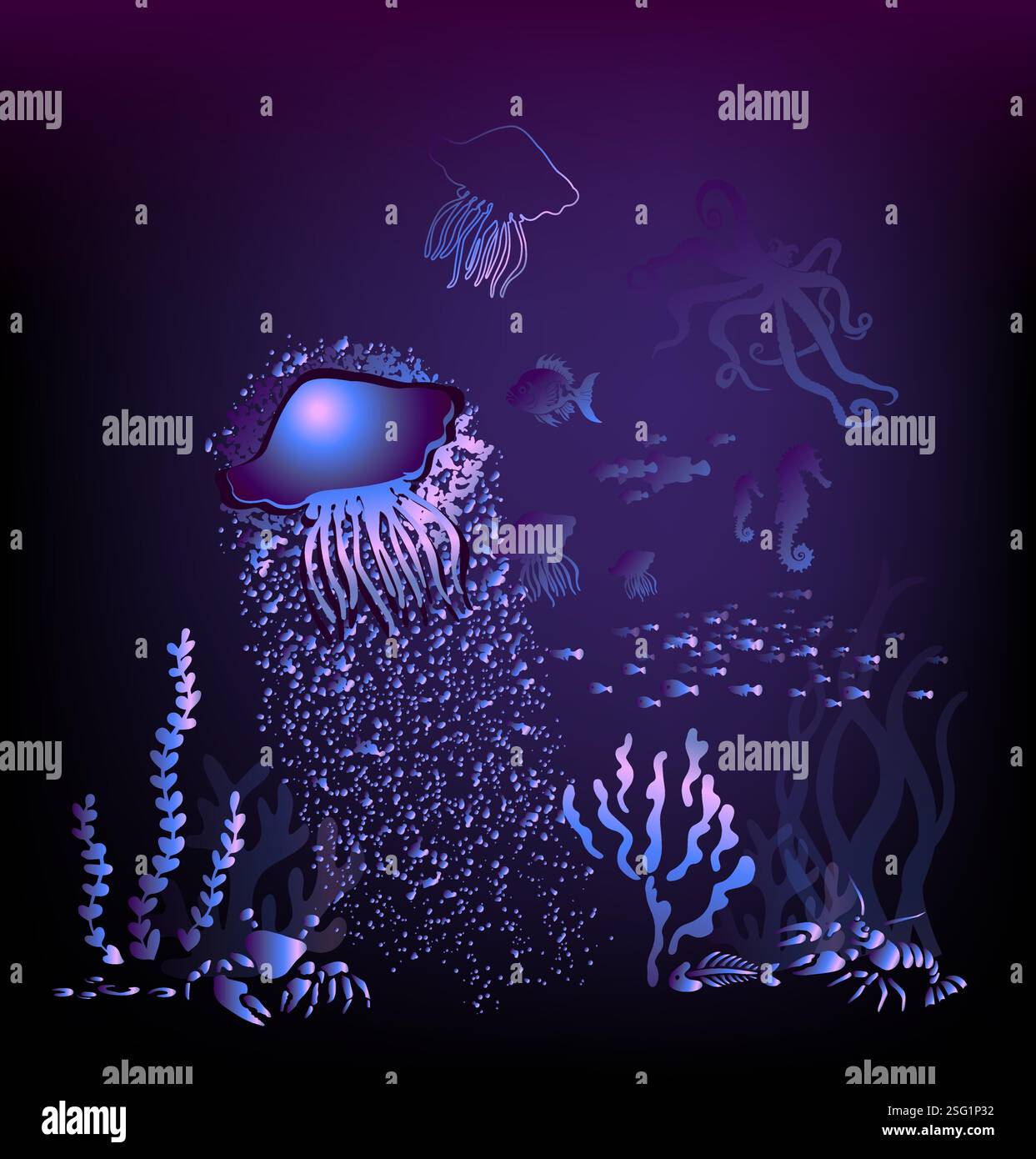 Seabed with fish and jellyfish. hand drawn. Not AI, Vector illustration ...