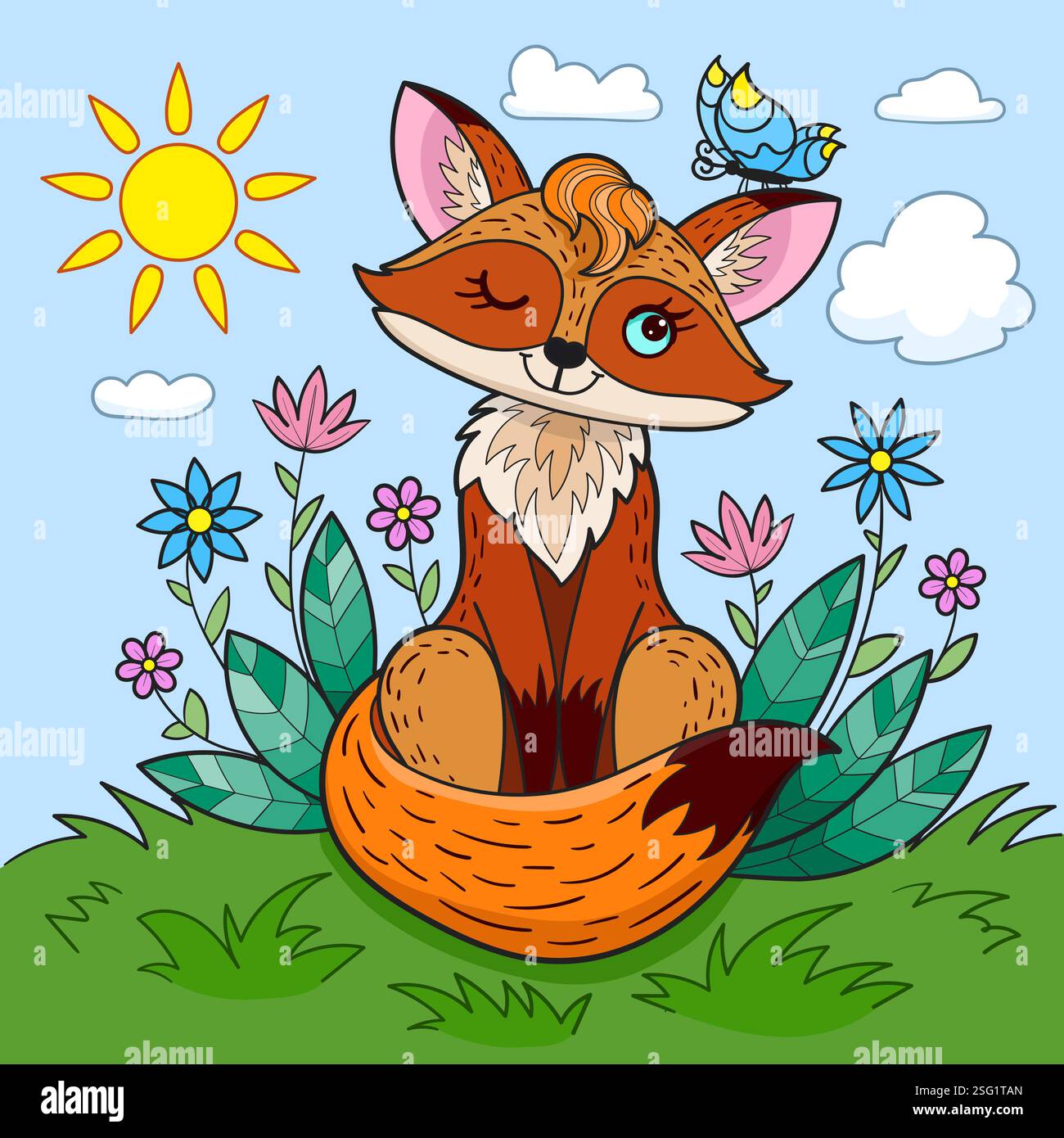 Cute fox sits on a meadow with a butterfly on its ear. Flat design. For ...
