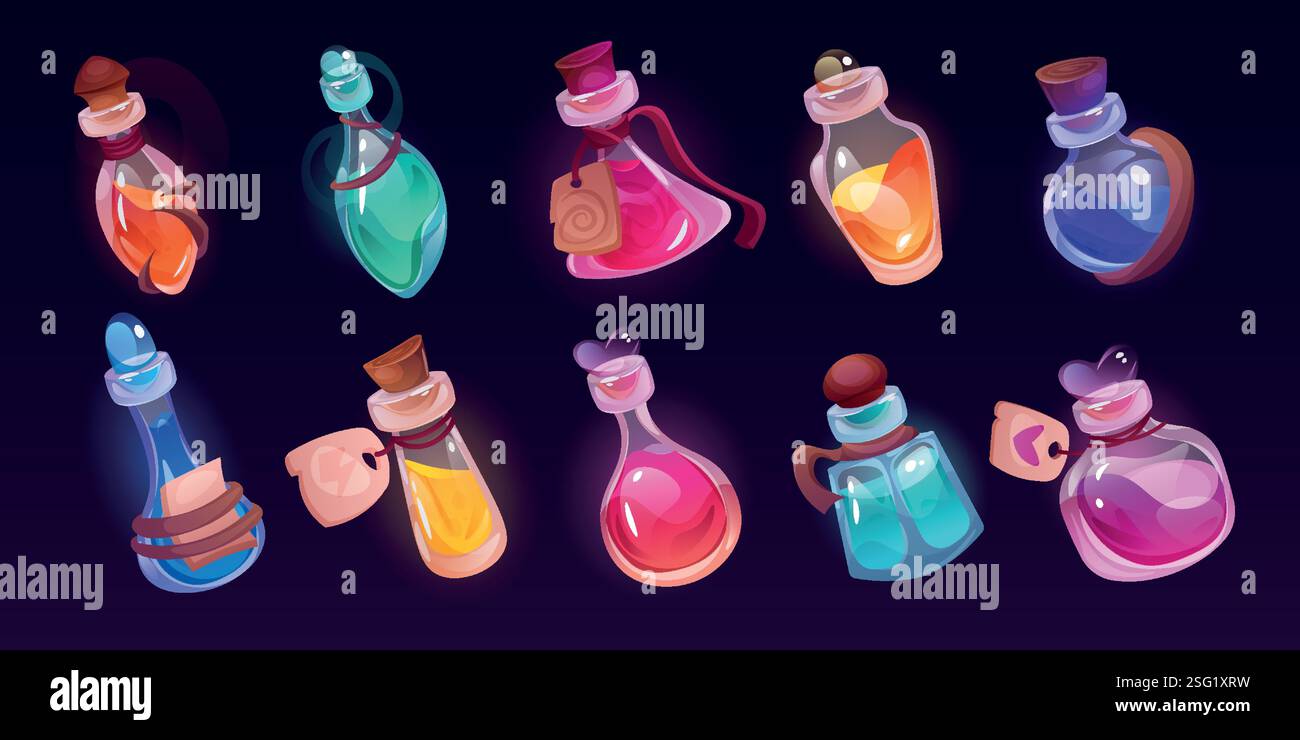 Potion bottle. Magic elixir, poison in vial or medicine jar, witch pot. Spell glass, colorful ...