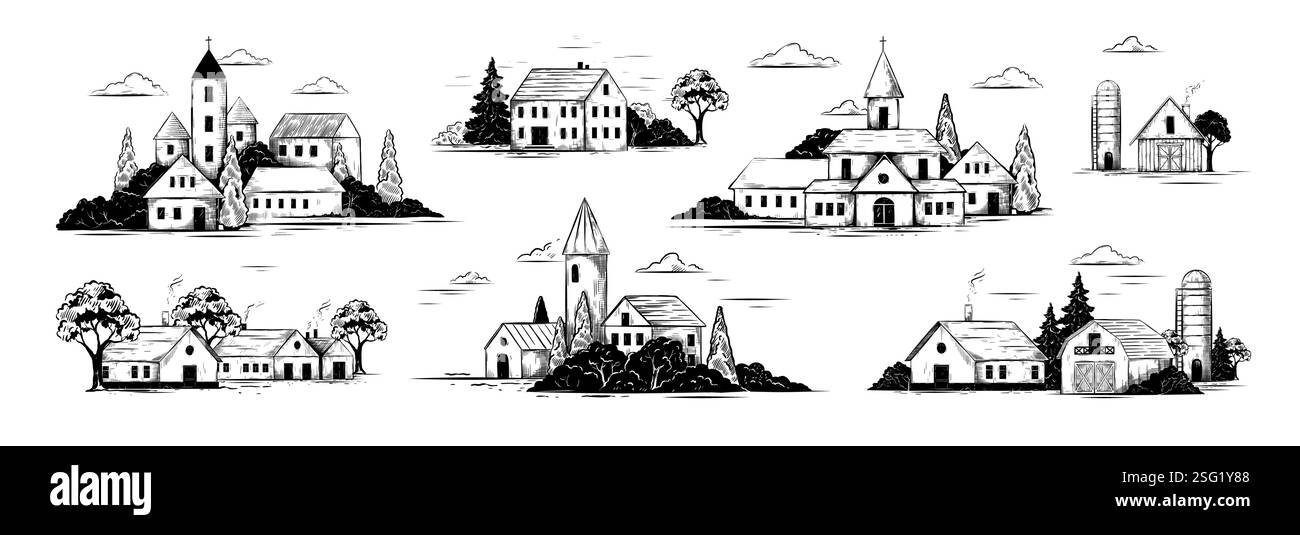 Village drawing. Farm house building. Retro country home. Barn and ...