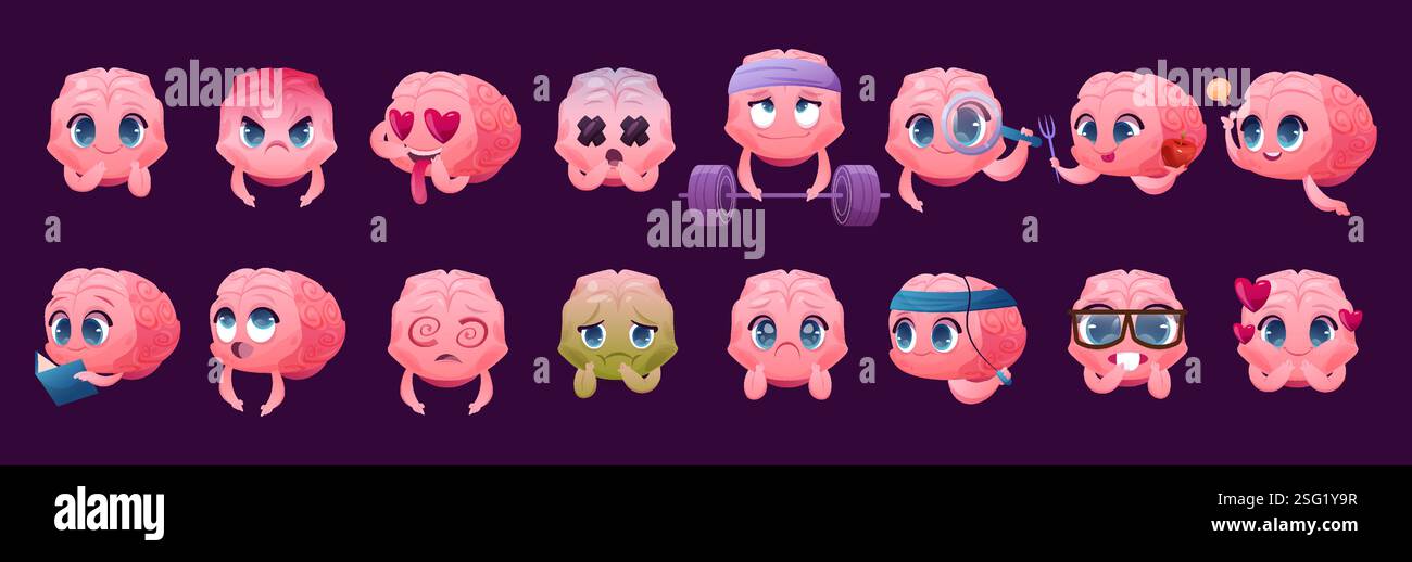 Brain stickers. Internal organ cute emoji. Strong animated training ...