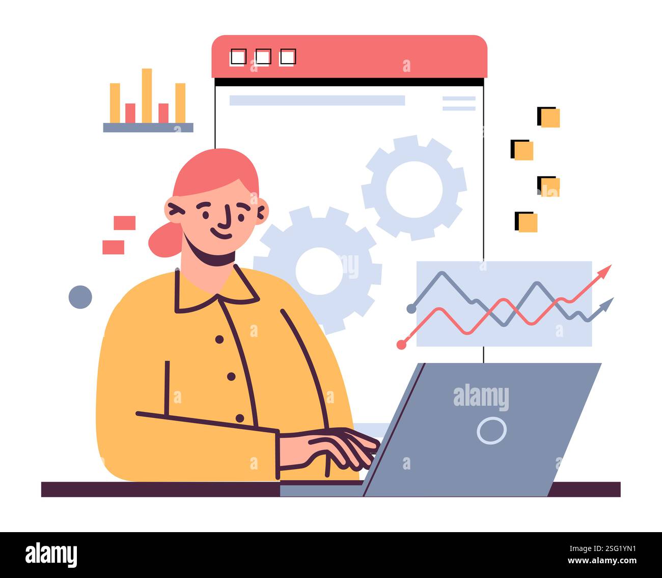 Business infographic. Project diagrams presentation. Woman at laptop ...