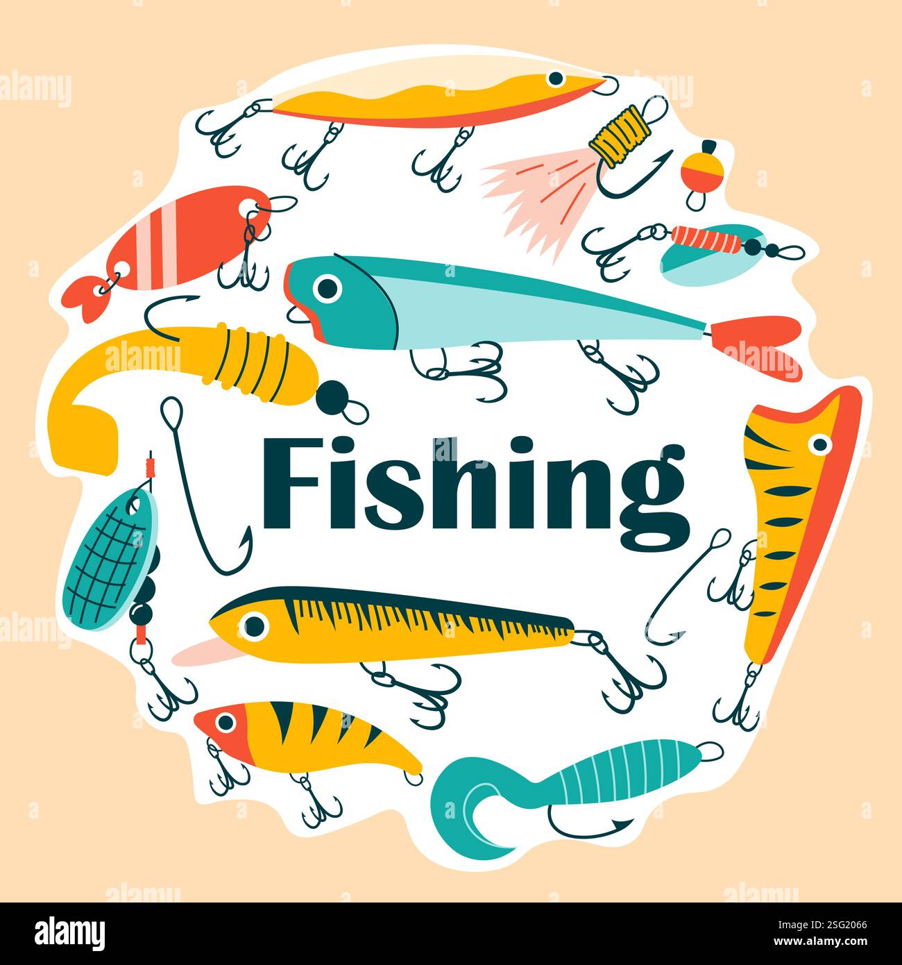 Fishing emblem. Different colorful fishes with hooks needles in round ...