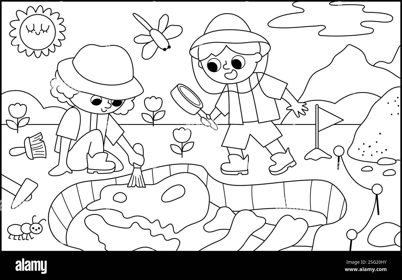 Vector black and white landscape illustration with paleontologists ...