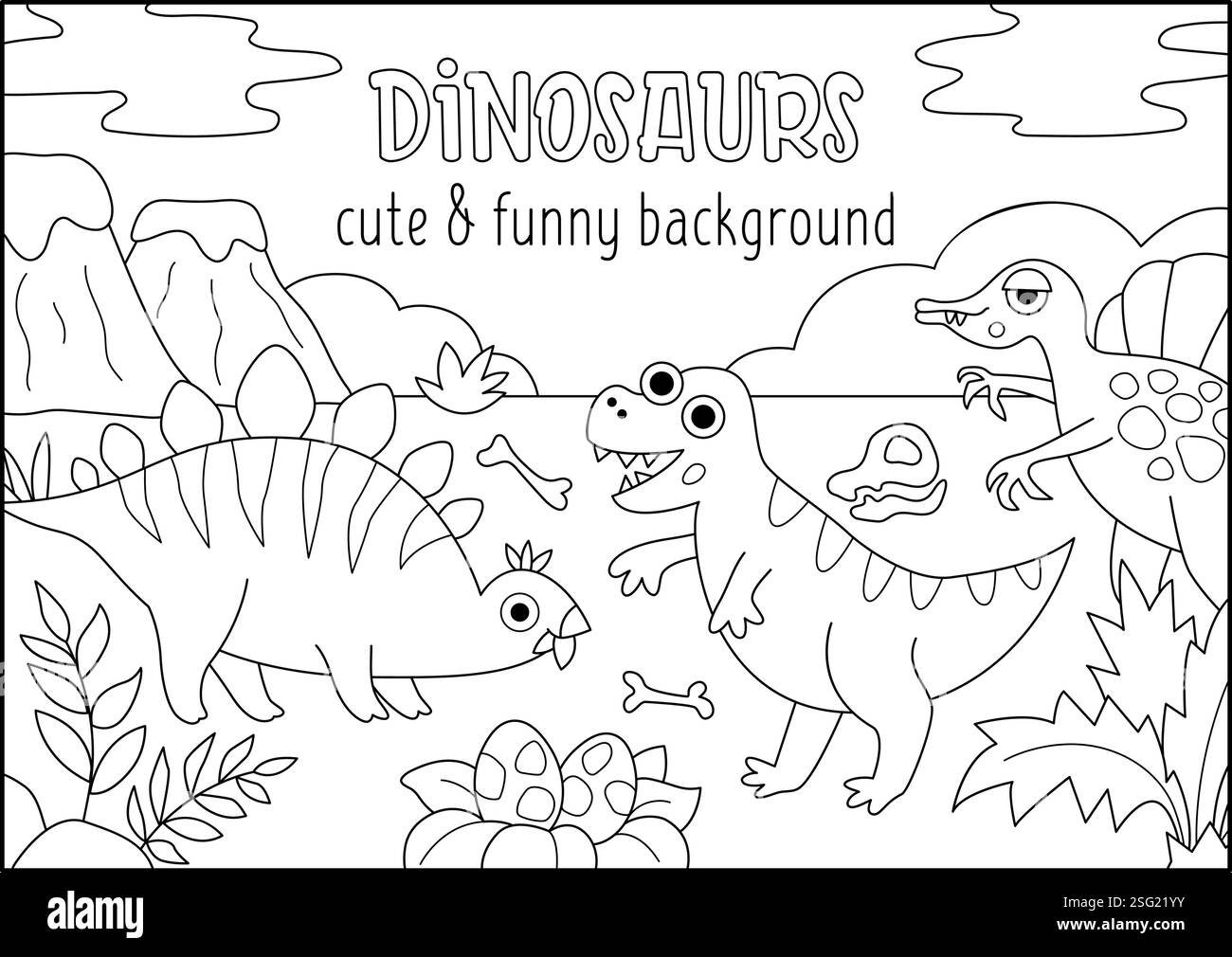 Vector black and white horizontal scene with dinosaurs. Ancient period ...