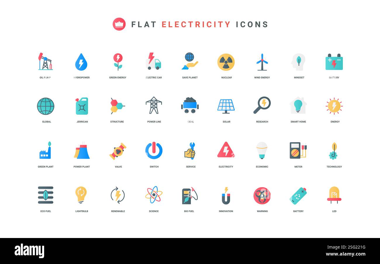 Electricity production, green energy generators, power lines and coal, oil industry color icon ...