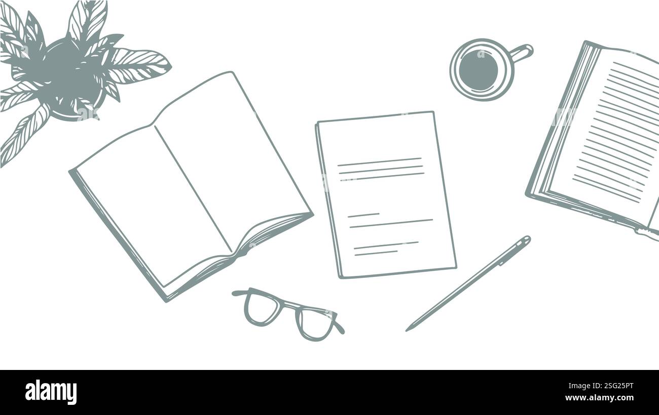 Flat lay study workspace illustration. Books with glasses, coffee cup ...
