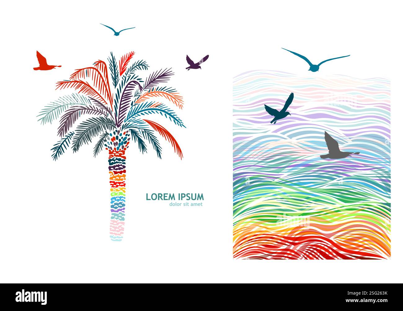 Graphic colored palm tree with seagulls. hand drawn. Not AI, Vector ...