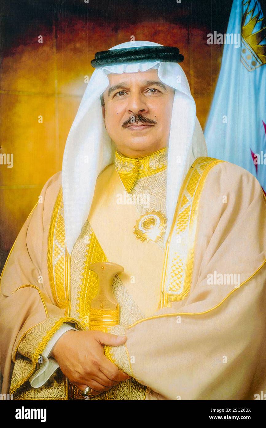 A billboard with a portrait of king Hamad bin Isa Al Khalifa in Manama ...