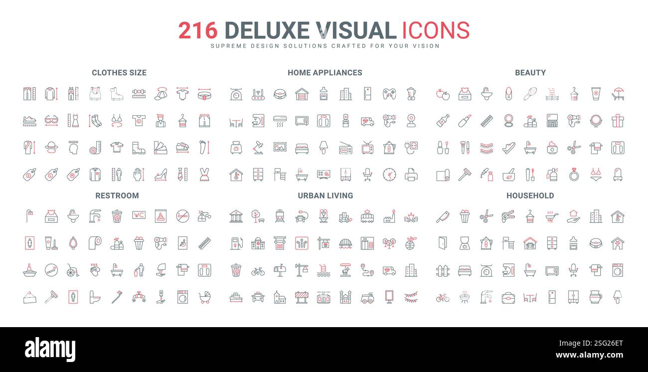 Beauty, household and city buildings line icon set. Guide charts to ...