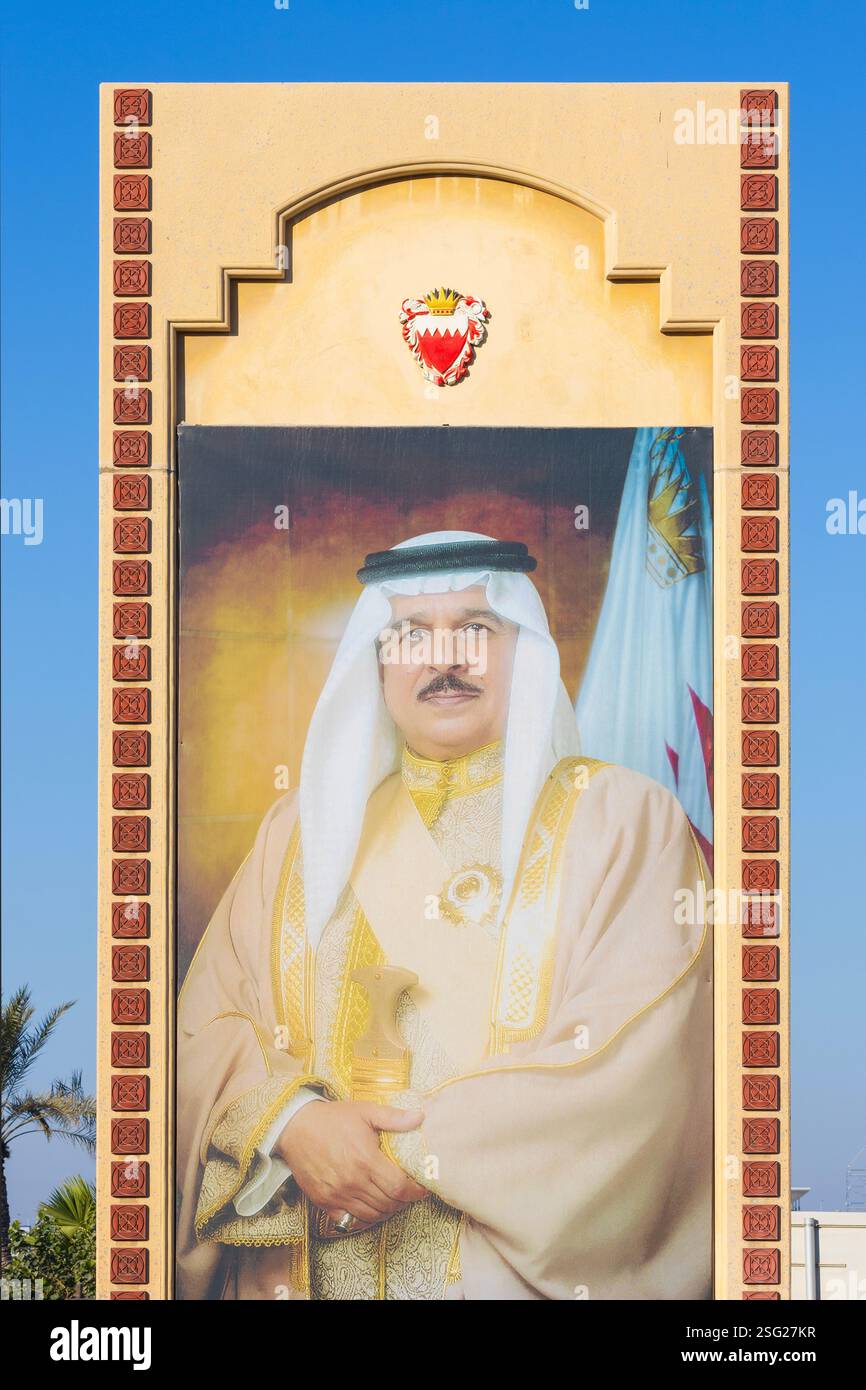 A billboard with a portrait of king Hamad bin Isa Al Khalifa in Manama ...
