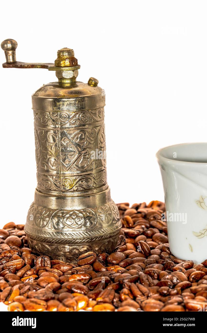 Vintage Hand Coffee Grinder with Ornate Metal Design and White ...