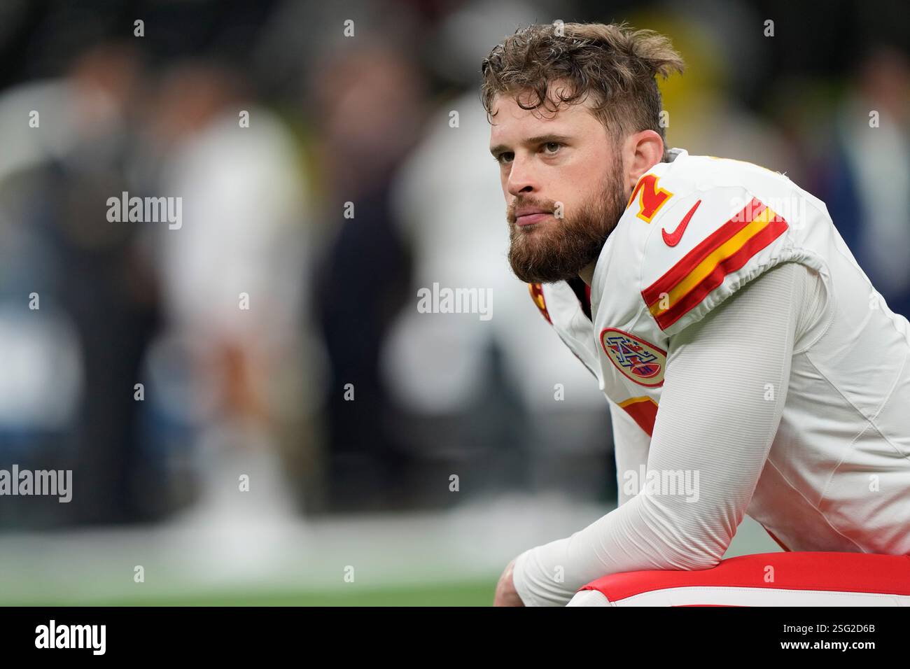 Kansas City Chiefs kicker Harrison Butker warms up before the NFL Super ...