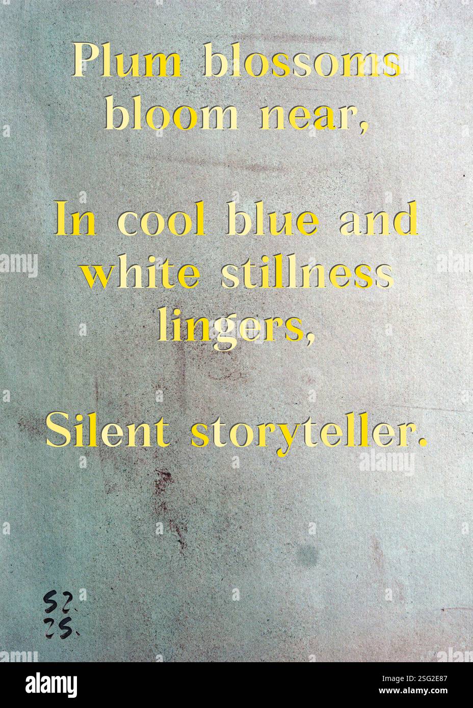 Plum blossoms bloom near, In cool blue and white stillness lingers ...