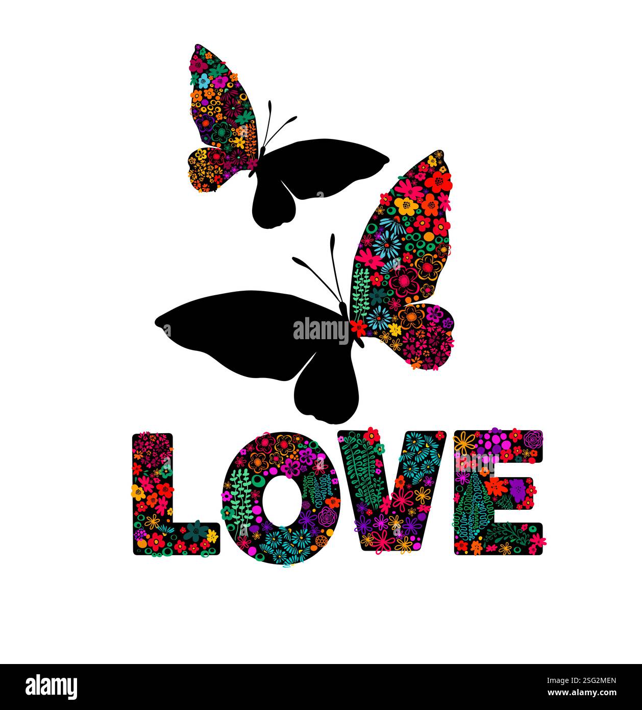 Text love butterflies and flowers. hand drawing. Not AI. Vector ...