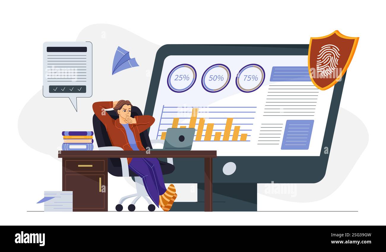 Data analyst man. Man behind computer screen analyzes graphs and charts. Infographics and data ...