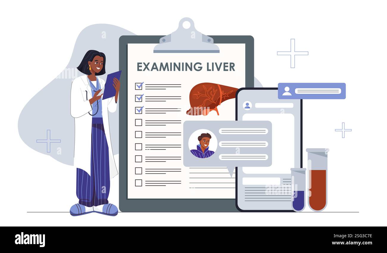 Doctors examining liver. Woman in medical uniform near medical card ...