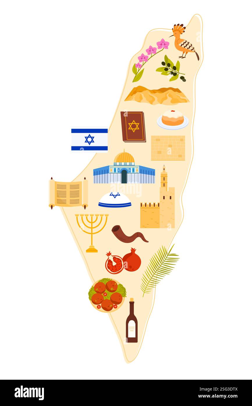 Jewish culture elements and flag of country, famous landmarks and food ...