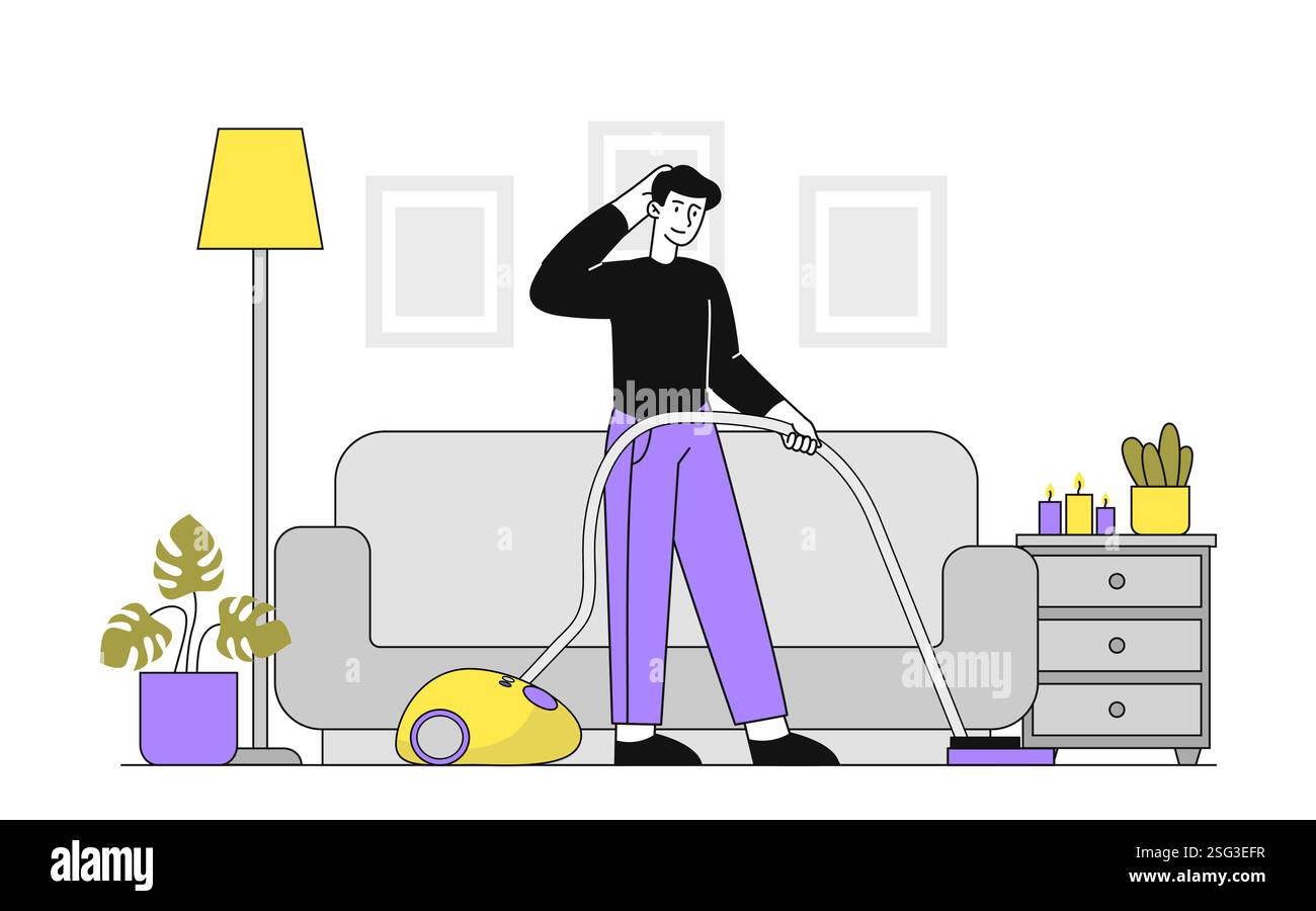 Man cleaning house. Young guy with vacuum cleaner removes dust ...
