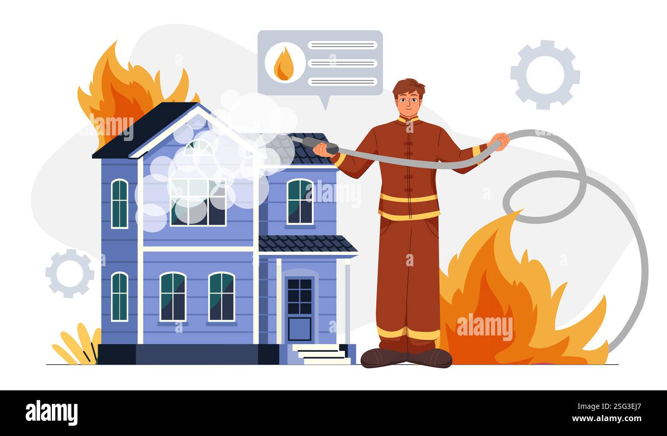 Firefighter extinguishing flame. Man in firefighter uniform with ...