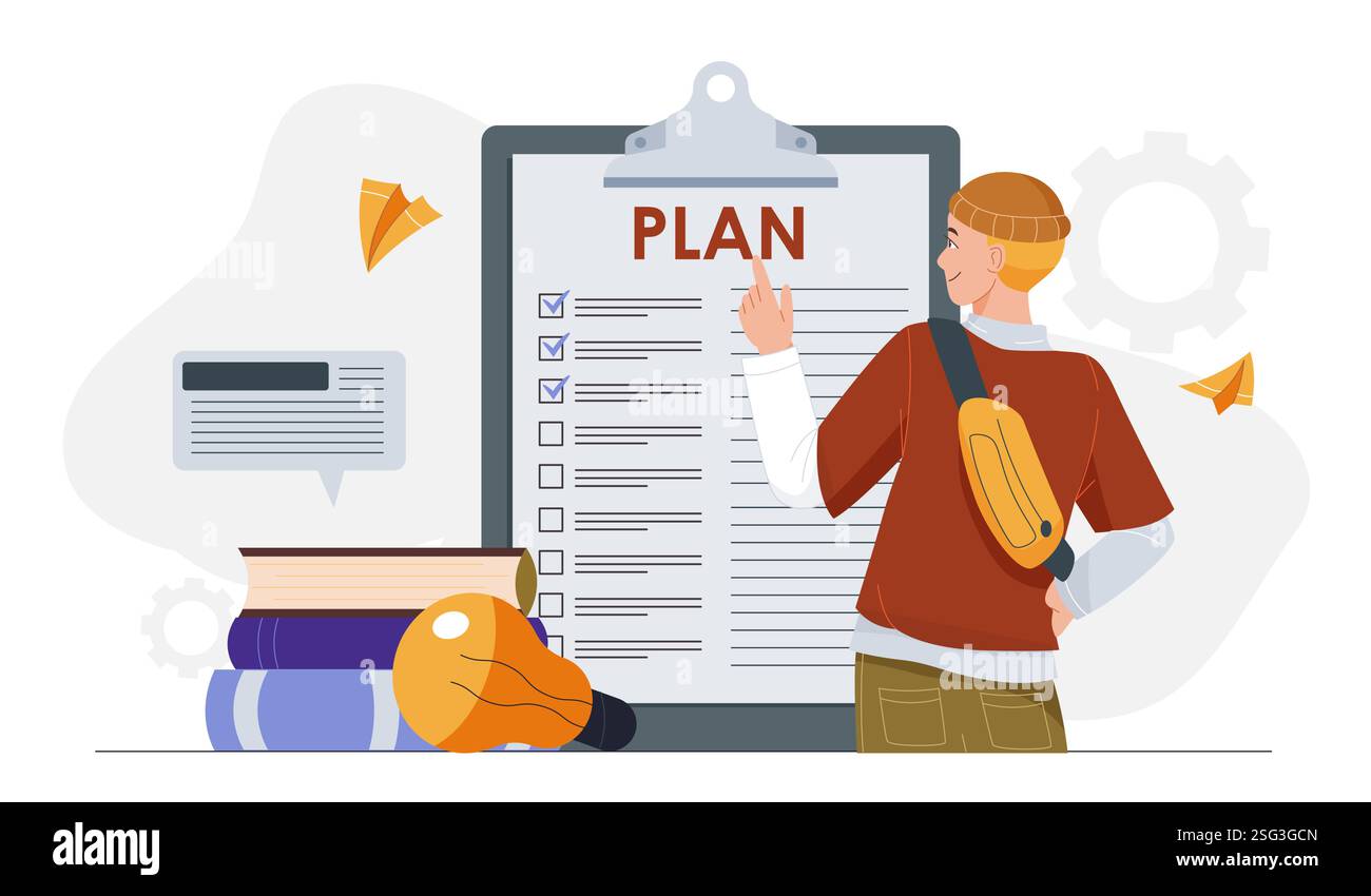 Manager with plan. Man check business plan. Organization of effective work process, time ...