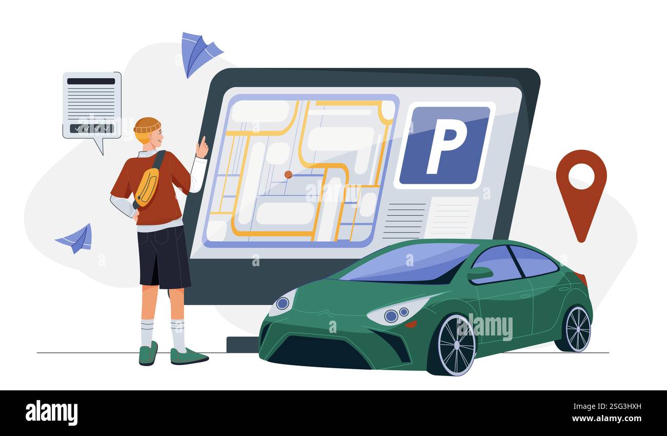 Parking area map online. Man near car studies layout of building ...