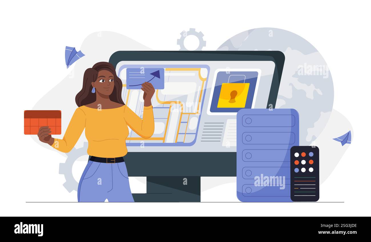 Operating system data. Woman near computer with building plan on screen ...