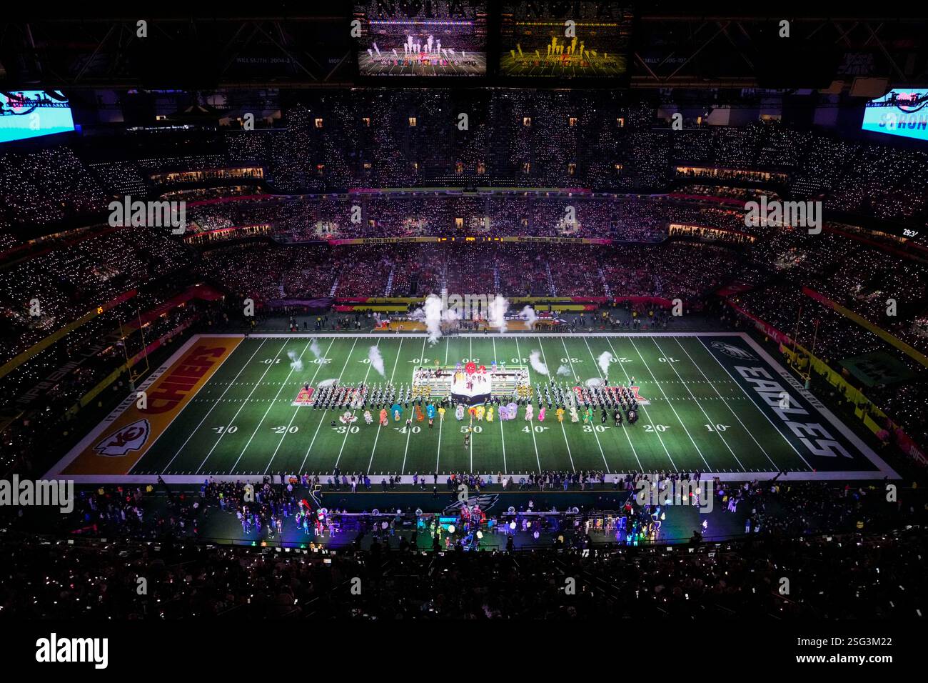 Performers participate in a pregame show before the NFL Super Bowl 59 ...
