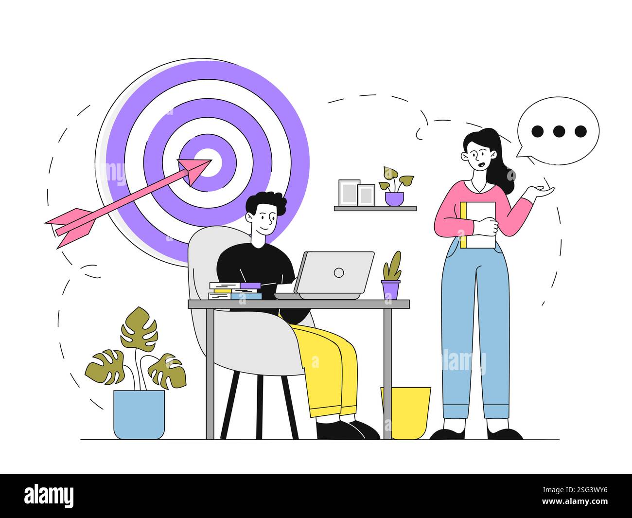 Work goal concept. Woman and man near target with arrow. Productivity ...