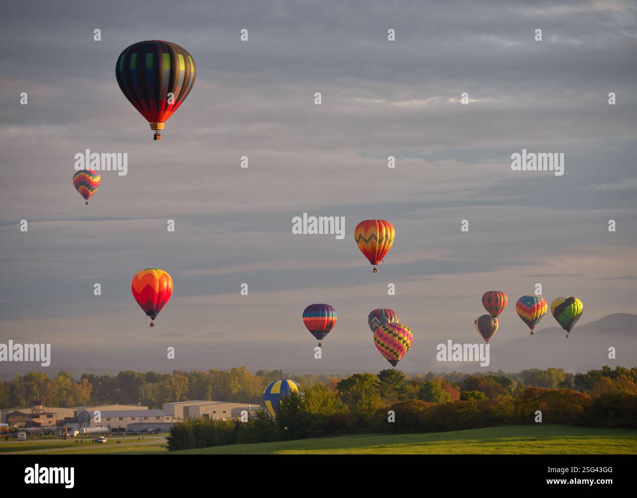 Colorful hot air balloons float above a lush landscape with a ...
